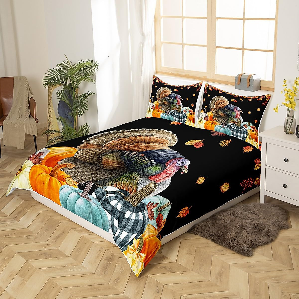 Thanksgiving Day Gifts Duvet Cover for Girls Women Fall Season Bedding Set King Thanksgiving Turkey Comforter Cover Autumn Harvest Bedspread Cover Rustic Farm Maple Leaf Pumpkin Fall Season Bedding