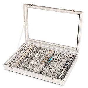Frebeauty Ring Organizer Tray 100 Slots Ring Holder with Clear Lid Velvet Ring Storage Box Ring Tray for Jewelry Store Ring Display Case for Jewelry Show Ring Box for Women(Grey)