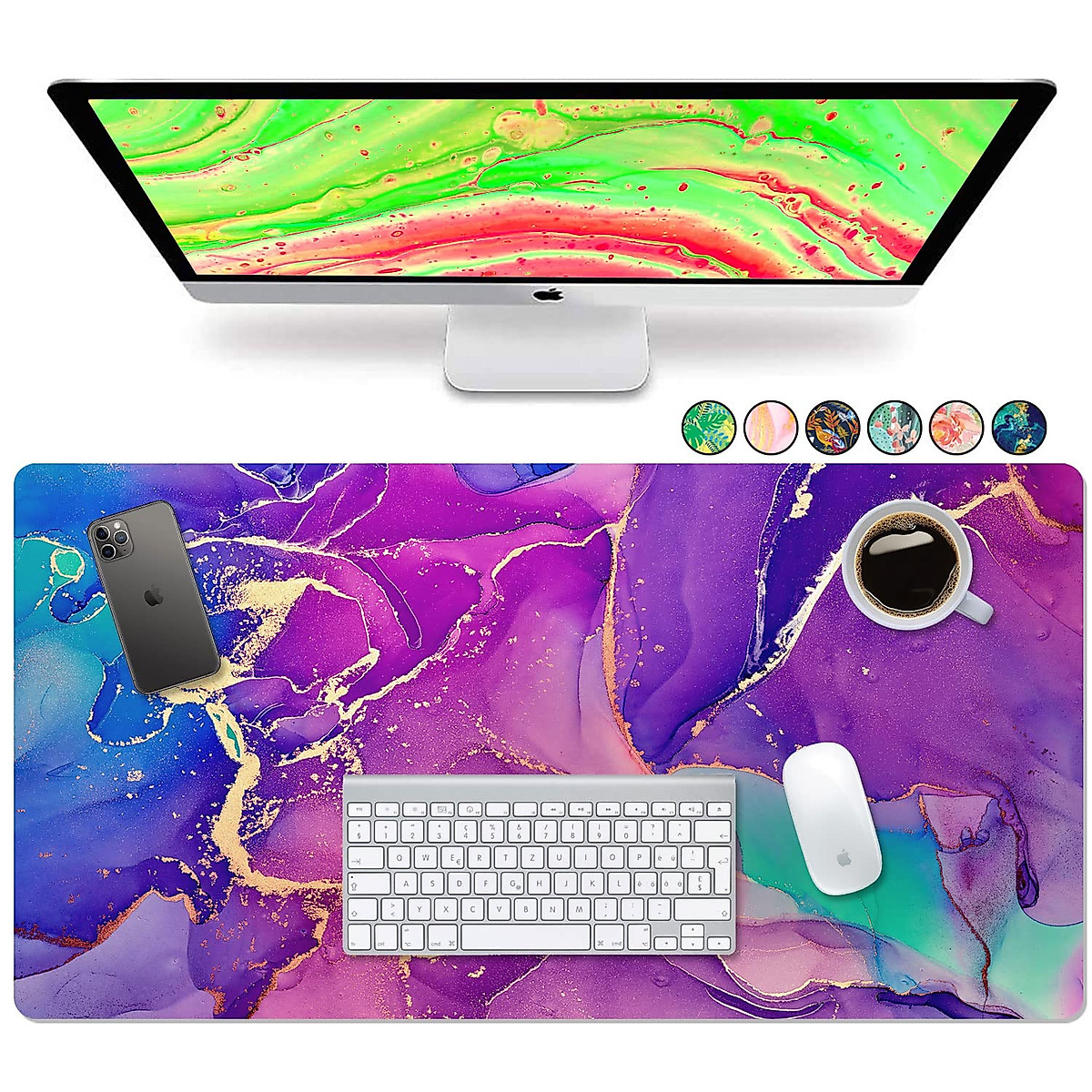 French Koko Large Mouse Pad, Desk Mat, Keyboard Pad, Desktop Home Office Decor School Essentials College Cute Extended Laptop Protector Accessories Pretty Mousepad Women Girls Big Marble Purple