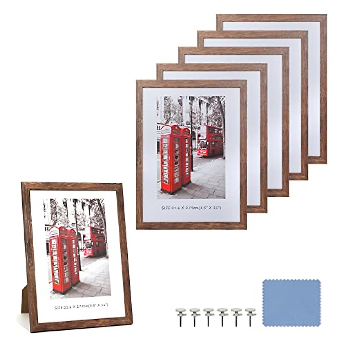 8.5x11 Picture Frame Set of 6, Certificate Document Frame Set with Display Box, Rustic Style Antique Brown Wood Grain Photo Frame Suitable for Desktop Display and Wall Decoration.