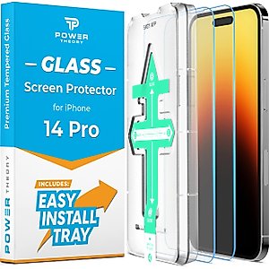 Power Theory [2 Pack Screen Protector for iPhone 14 Pro Premium Shatterproof Temptered Glass [9H Hardness], Easy Install Frame, 99.99% HD Clear, Bubble Free, Case Friendly, Anti-Scratch, Anti-Smudge