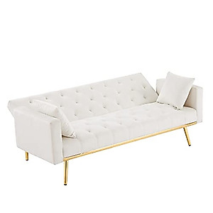 DNChuan Velvet Futon Sofa Bed,3 Seater/Plus-Loveseat Sleeper Sofa,Button Tufted with 2 Pillows and Gold Metal Legs, Easy Assembly-Off White
