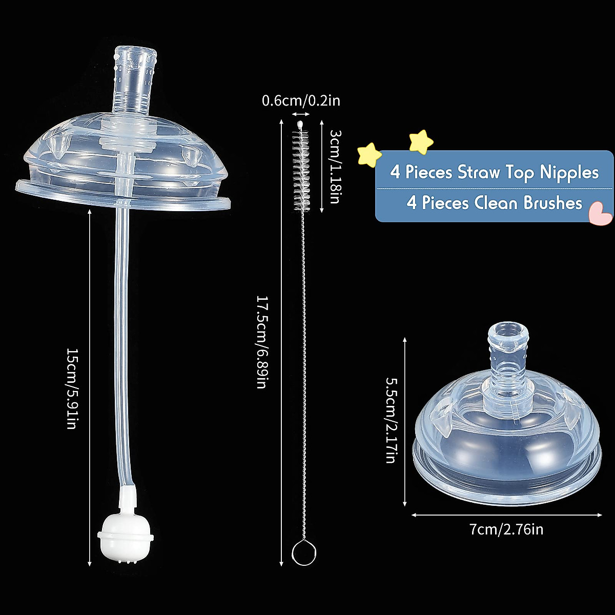 4 Pieces Baby Bottle Nipples (12m+) Medium Flow Silicone Straw Top Nipple Sippy Spout Replacement Nipples and 4 Pieces Cleaning Brushes for 2.8 Inch Diameter Baby Bottle | No BPA | Spillproof