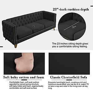 ATUMON Modern 2 Piece 81" 3-Seater Velvet Sofa Set,Buttons Tufted and Square Arm,Inlaid Gold Nail Heads and 4 Golden Metal Legs for Living Room (Black, 81" 3+3 Seat Velvet Sofa Sets)