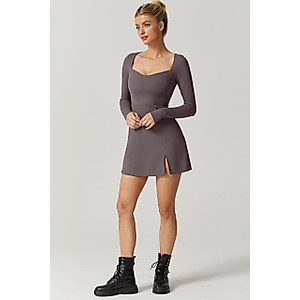 QINSEN Womens Sexy Sweetheart Neckline Double Lined Top Long Sleeve Athleisure Mini Dress Tea Leaf M