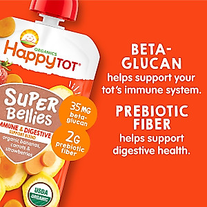Happy Tot Organics Stage 4 Baby Food Pouches, Gluten Free, Vegan Snack, Super Bellies, Fruit & Veggie Puree, Banana, Carrot & Strawberry 4 Ounce (Pack of 16)