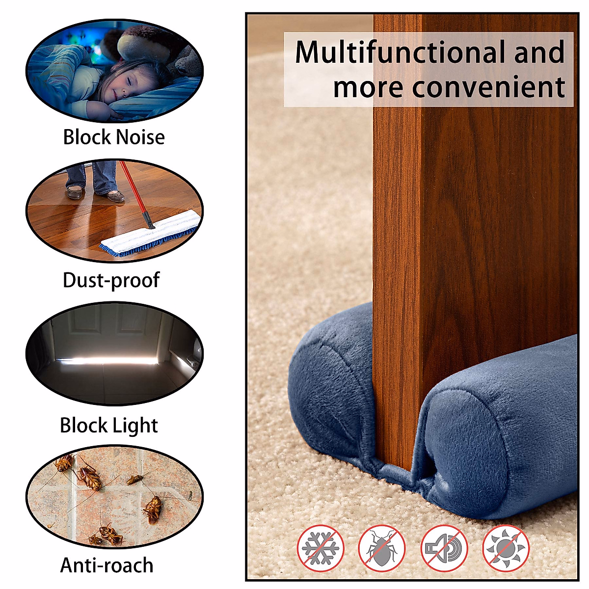 TumiMallody Door Draft Stopper Double Sided Weather Stripping Noise Breeze Draft Blocker Door Sweeps Washable Under Door Seal Strip Adjustable Velvet Draft Guard Multi Color Available (36 inch, Blue)