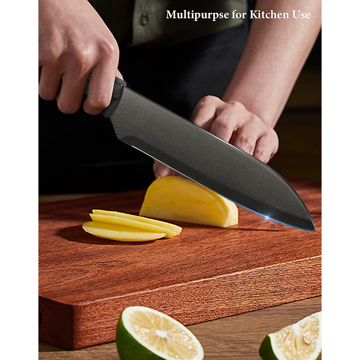 EUNA 7 Inch Chef Knife Ultra Sharp, Kitchen Knife with Sheath & Gift Box, Santoku Knife for Meat/Fruit/Veggie Cutting, Gray Zebra Texture, Non-sticking coating and PP Handle Gary-Black, L03