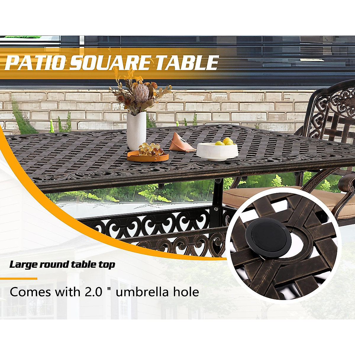 TITIMO Cast Aluminum Patio Dining Set 7-Piece with Cast-Top Table and Chairs with Cushions,Outdoor Furniture Set for Backyard Porch Pool (6 Love Chairs+Rect Table+Khaki Cushions)