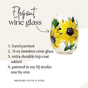 Sunflower Stemless Wine Glass - Summer Spring Time Table Decor - Yellow Sunflower Wine Glass - Hand Painted in the USA - ONE - 15 ounce wine glass