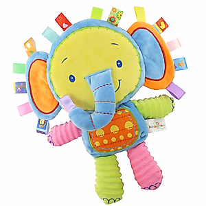 StoHua Baby Tags Toy, Taggie Security Blanket Elephant Stuffed Toy, Baby Plush Sensory Tag Toy with Ribbons & Rattle,Baby Gifts for Newborns,Infant