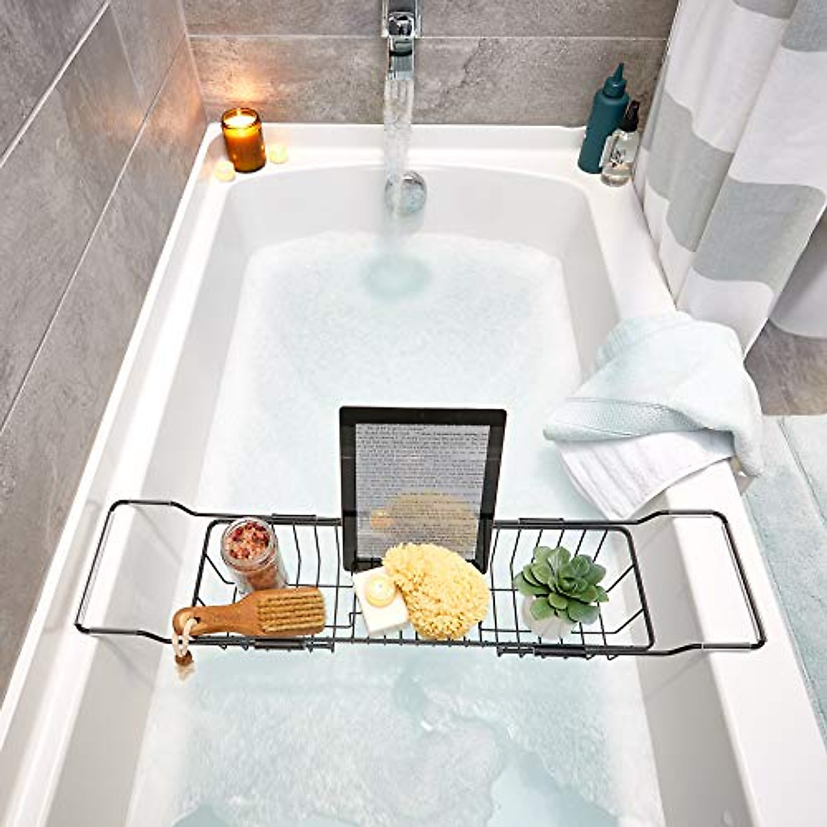 iDesign Everett Metal Adjustable Over the Tub Caddy Basket for Master, Guest, Kid's Bathroom, 22.55" x 6.7" x 4.41", Matte Black