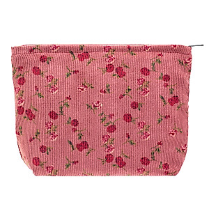 PAZIMIIK Makeup Bag Large Zipper Corduroy Make Up Pouch for Purse Travel Canvas Cosmetic Organizer for Women Brush Storage,Vintage Rose Red