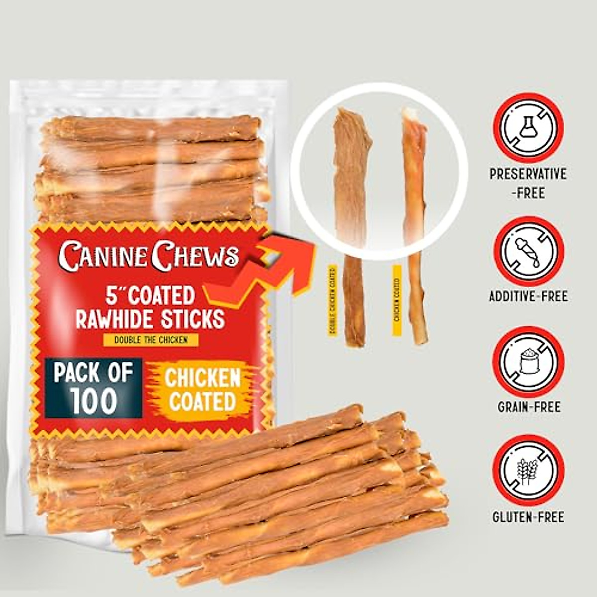 Canine Chews 5" Double Chicken Coated Dog Chew Sticks 100% USA Chicken Coated Chew Sticks for Dogs - Dog Chicken Treats Rawhide Bones for Small Dogs & Medium Dogs - Chicken Wrapped Dog Treats (100pk)