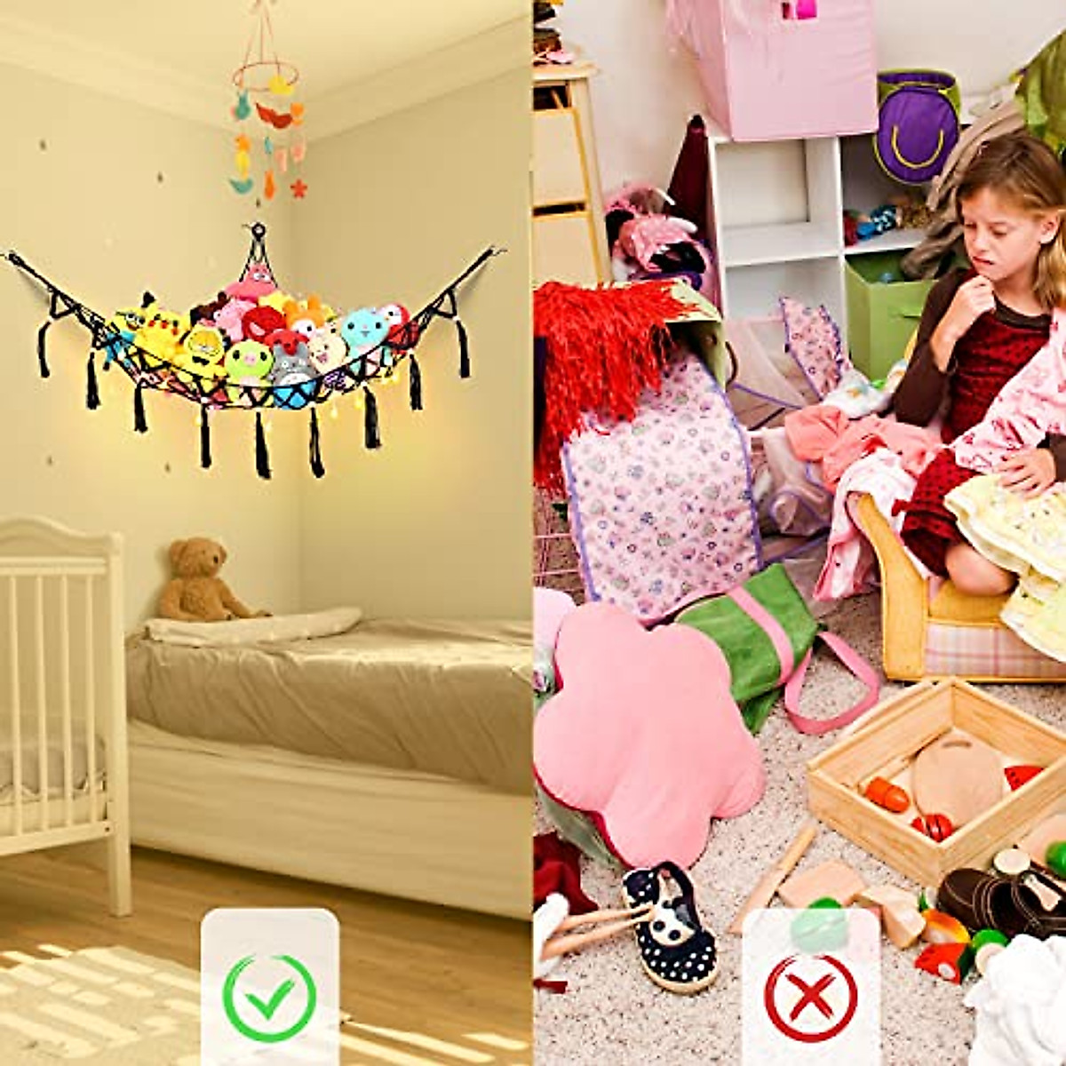 KoHuiJoo Stuffed Animal Net Hammock Macrame Boho Plush Toy Net Hammock for Stuffed Animals with Lights Stuffed Animals Corner Hanging Stuffed Animal Storage Net for Kids Bedroom Black