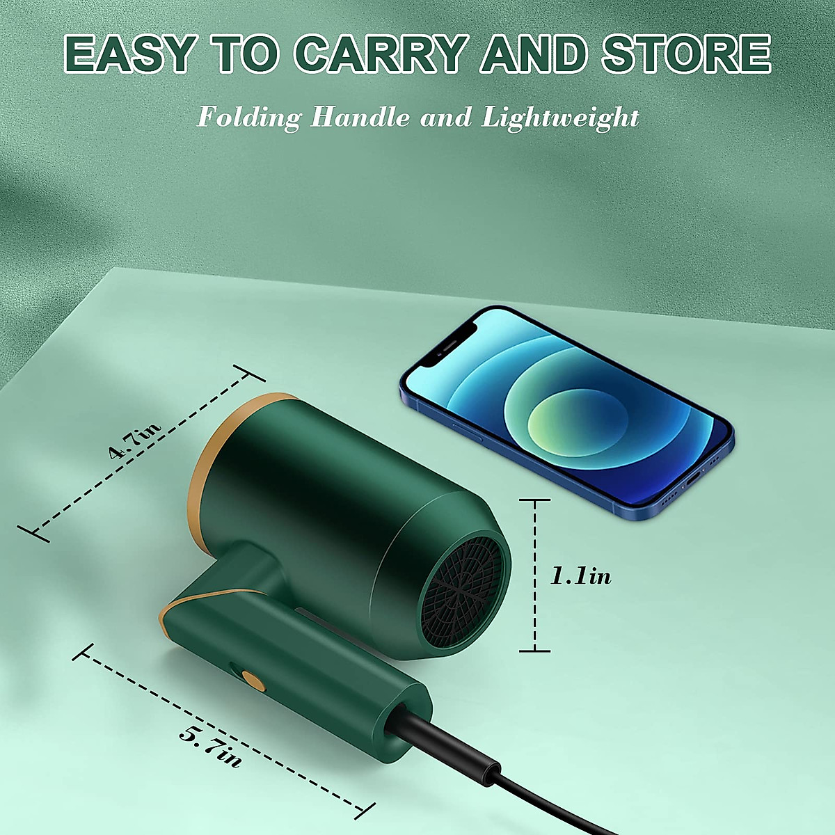 PAHETAWA Diffuser Blow Dryer, 1800W Powerful Travel Hair Dryer for Hotel, Ionic Portable Compact Hair Dryer, No Heat Damage, Lightweight, Low Noise for Curly Hair, Women, Men (Green)