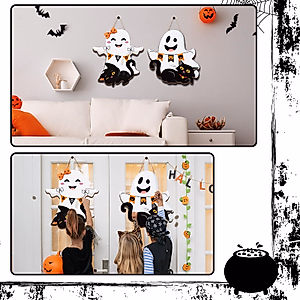 Leinuosen 2 Pcs Halloween Ghost Witch Door Sign Boo Decorations Happy Halloween Front Door Hanger Wreath Decor Black Cat Pumpkin Wooden Hanging Sign for Halloween Party Supplies(Ghost)