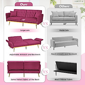 Lesofair 70" Velvet Futon with Adjustable Backrest and Armrests, Sofa Bed with with Extra Pillows for Waiting Room, Living Room and Office, Fuchsia