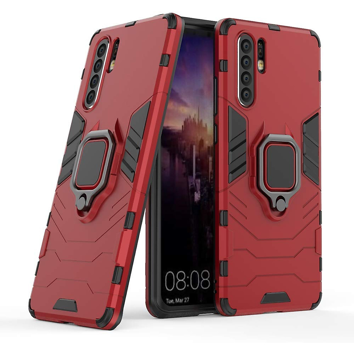 Phone Case for Huawei P30 Pro with Tempered Glass Screen Protector Cover and Magnetic Ring Holder Stand Kickstand Slim Hard Cell Accessories Huwai Hawaii Hwauei Haweii P 30 30pro Men Women Cases Red