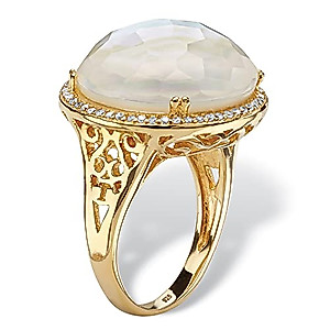PalmBeach Yellow Gold-Plated Sterling Silver Round Genuine Mother of Pearl or Checkerboard-Cut Green Glass and Round Cubic Zirconia Pave Ring Size 8
