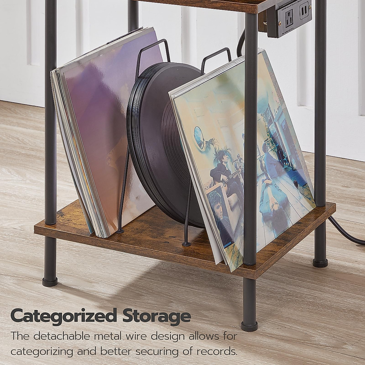 HOOBRO Record Player Stand with Charging Station, 2 Tier Record Player Table with Storage Up to 80-100 Albums, Turntable Stand with Record Holder, for Vinyls Media Stereo, Rustic Brown BF01URS01