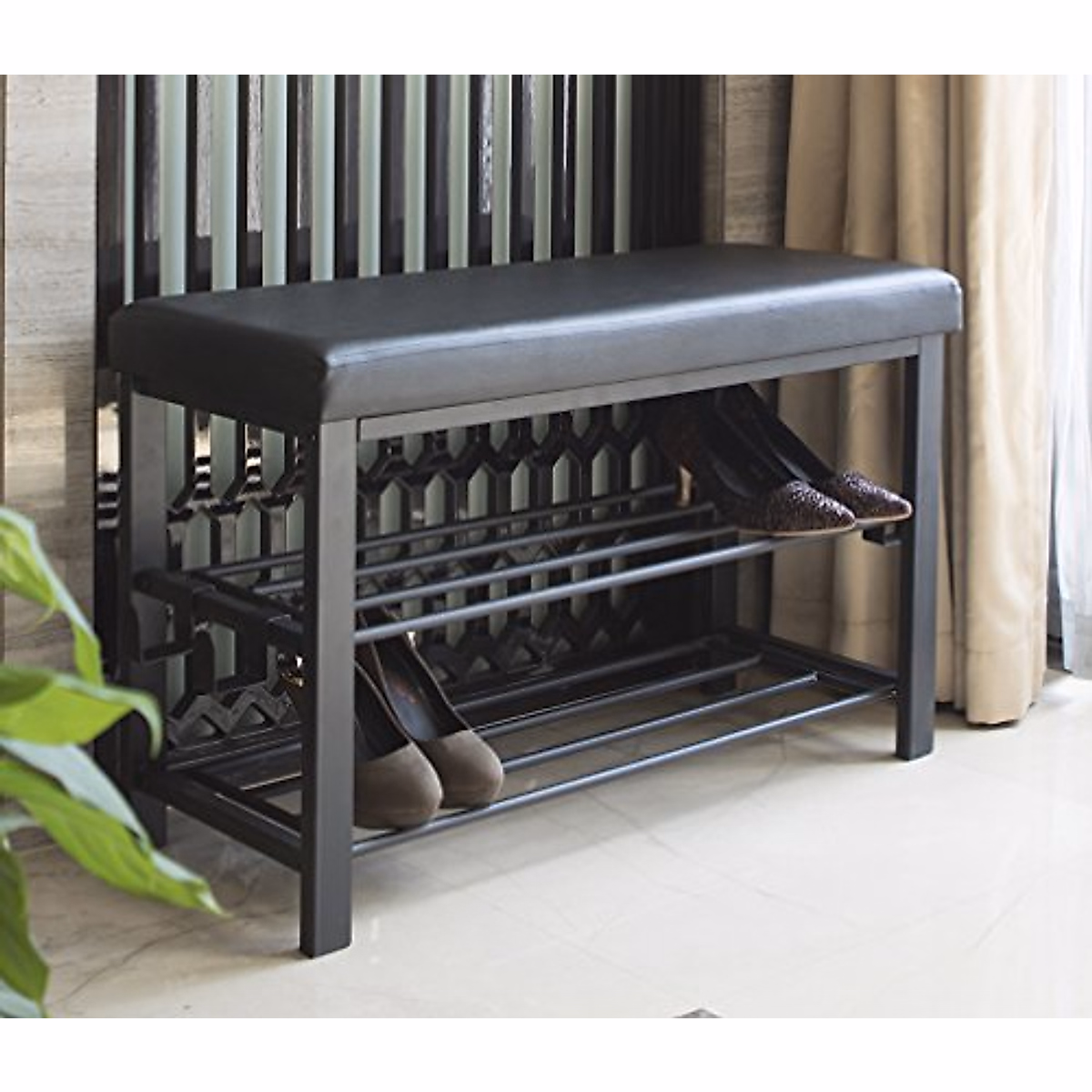 Finnhomy Entryway Shoe Rack with Cushioned Seat, 2 Shelves Storage Bench w/Faux Leather Top Bed Bench, Black
