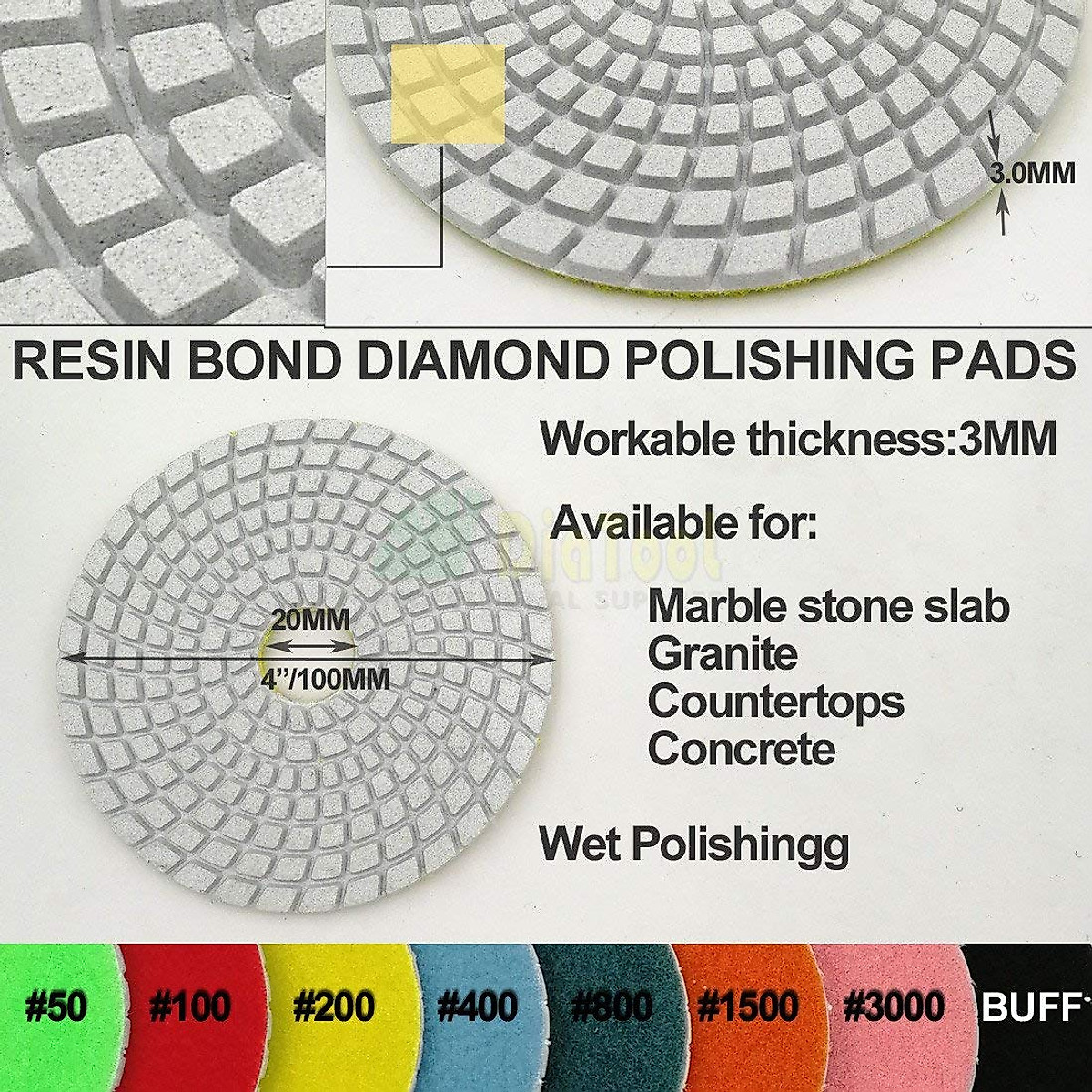 SHDIATOOL Diamond Polishing Pads Kit for Granite Marble Stone Tiles Including 3 Kinds Diamond Pads