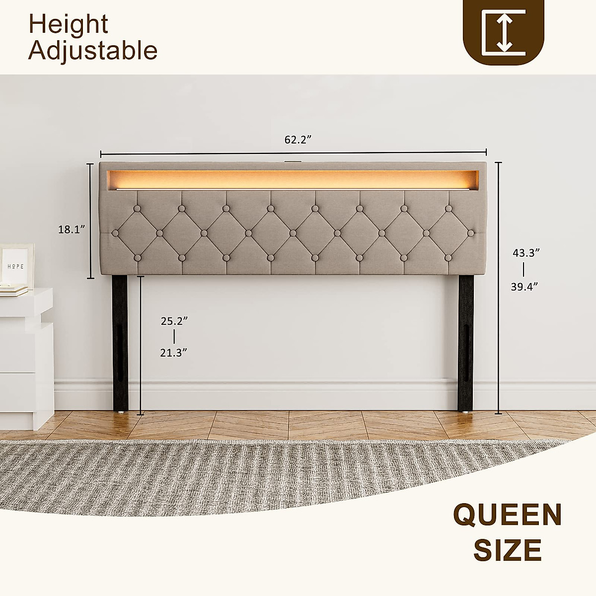 IKIFLY Upholstered Queen Size Headboard with LED Lights & 2 USB Ports - Adjustable Height - Button Tufted Linen Fabric Padded Headboard, Easy Assembly, Queen Headboard Only for Bedroom - Light Brown