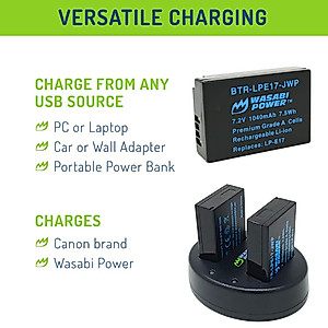Wasabi Power LP-E17 Battery (2-Pack) and Dual USB Charger for Canon LP-E17 and Canon EOS R10, EOS RP, EOS M6 Mark II, M6, M5, M3, EOS Rebel T8i, T7i, T6i, T6s, EOS Rebel SL3, SL2, EOS 77D