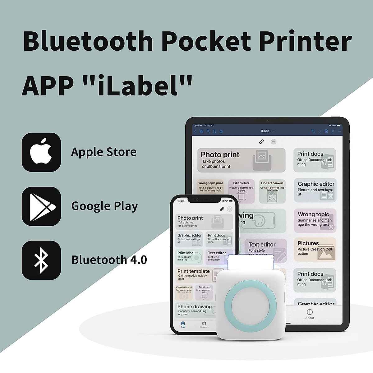 HOMESTEC Mini Printer, Label Maker Machine Portable Thermal Printer for Smartphone with Tape Wireless Bluetooth Printing