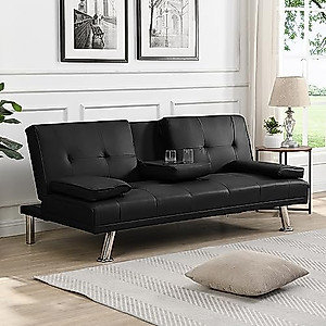 Lunale Futon Sofa Bed, Convertible Tufted Futon Sofa Couch with 2 Cup Holders, Modern Leather Futon Couch with Removable Armrest for Apartment Living Room Small Space, Sleeper Sofa, Black