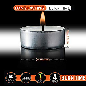 Unscented Tealight Candles | 4-Hour Long Burn Time, 50 Pack | Smokeless and Dripless White Tea Light Candles | Small Tea Candles for Home, Travel, Weddings, Shabbat, &amp; Emergencies