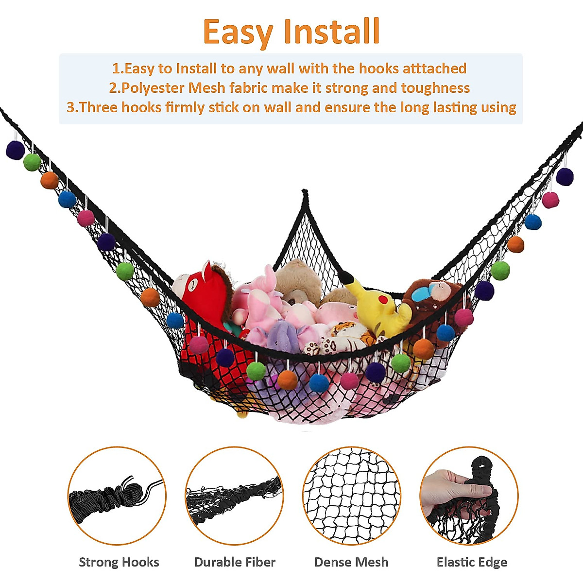 Net for Stuffed Animals, Meirenda Stuffed Animal Hammock or Net Jumbo Stuffed Toy Net Storage Organizer Kids Sling Corner Wall Mesh Toy Hammock for Stuffed Animals with Balls(Black, 70 inch)
