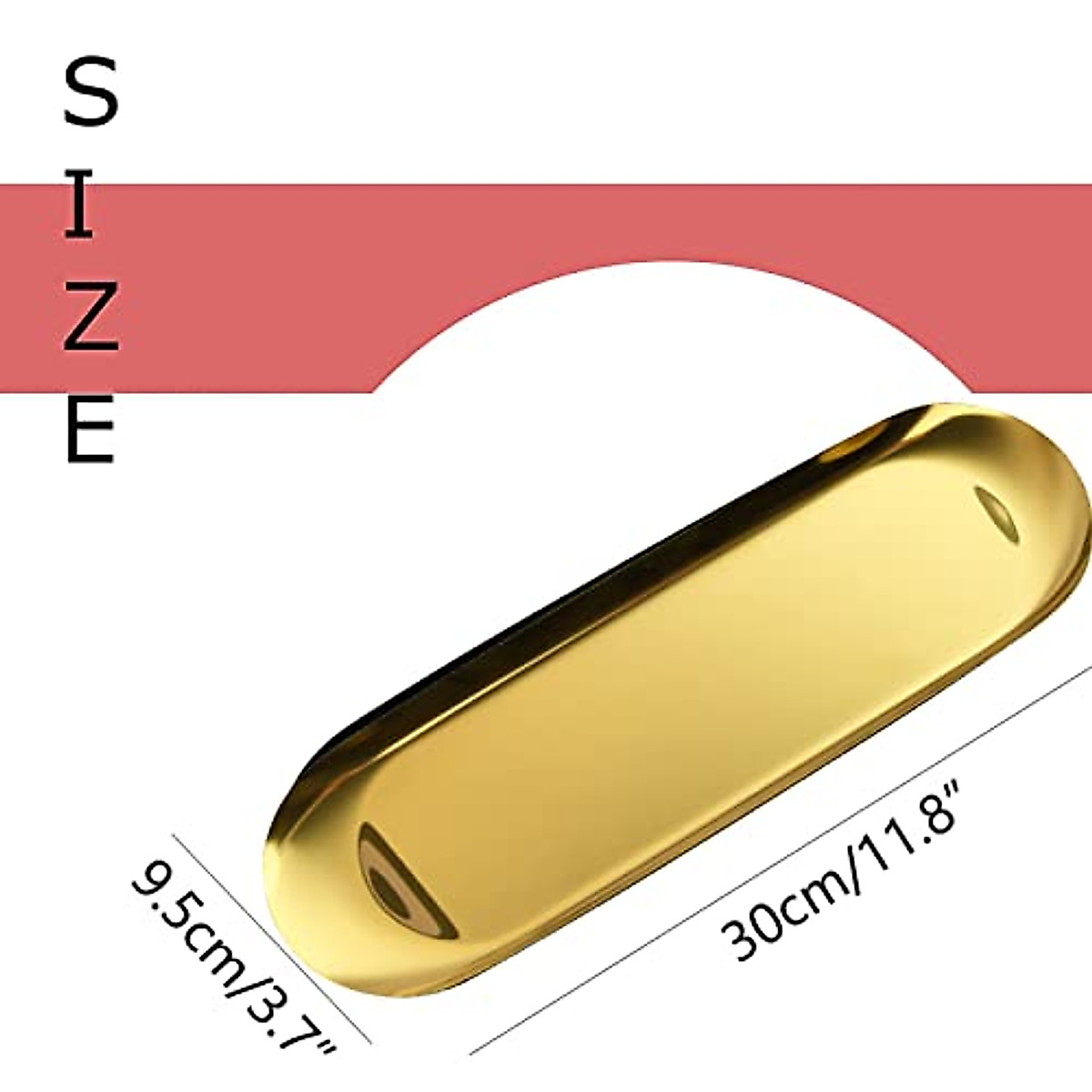 2 Pack Long Narrow Gold Rolling Metal Decorative Tray, 12 Inch Stainless Steel Golden Serving Tray, Oval Brass Vanity Tray Table Décor Platter for Jewelry, Towel, Bathroom, Desktop, Exxacttorch