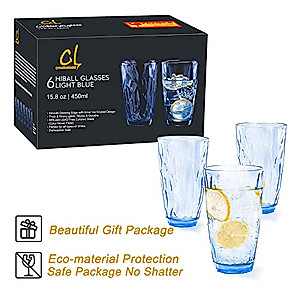 CREATIVELAND Highball Glass Tumbler Light Blue Set of 6, for Water,Cocktail,Juice,Beer,Iced Coffee,Clear Blue Glassware for Bar Kitchen,Thick & Heavy Glass Drinking Glasses with Heavy Base 16oz/450ML