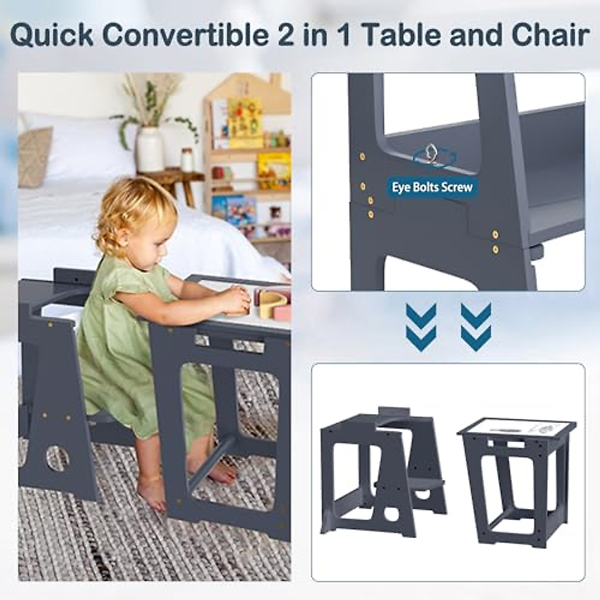 Kitchen Toddler Tower, Toddler Step Stool Learning Standing Tower with Whiteboard 2 in 1 Convertible Table and Chair, Removable Safety Rail, Widened Platforms for Kitchen Counter Bathroom Sink