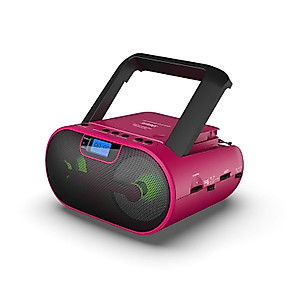 Riptunes CD Player Boombox Portable Radio AM/FM Bluetooth Boombox MP3/CD, USB, mSD, Aux, Headphone Jack Stereo Sound System with Enhanced Bass, LED Lights, LCD Display with Remote, Pink