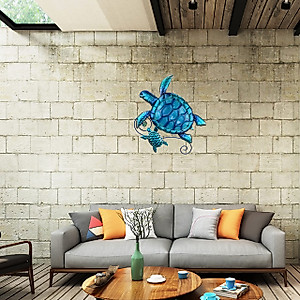 JOYBee Metal Sea Turtle Wall art Decor Outdoor Indoor Nautical Hanging Art Blue Green Stained Glass Decorative Sculpture for Garden Pool Patio Balcony Kitchen or Bathroom(12.5 * 11inch)