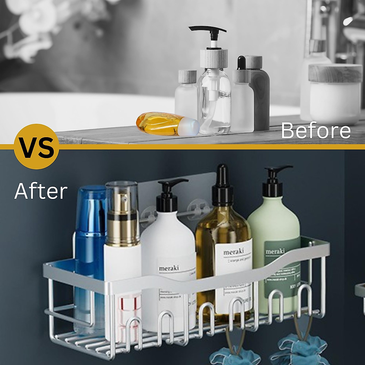 Rustproof Adhesive Shower Caddy Hanging - ASA STORES Silver 5-Pack No Drill Bathroom Organizer With 20 Hooks, Soap Holder,4 Snap Hooks-Stainless Steel Wall Mounted Storage For Kitchen & Home Decor