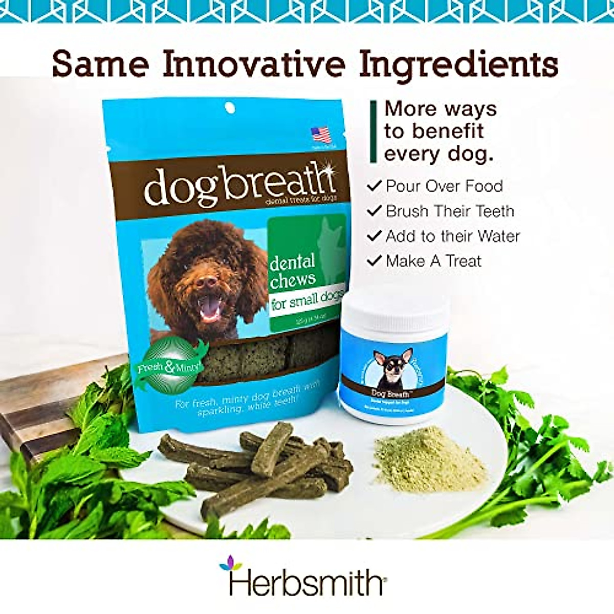 Herbsmith Dog Breath - Dog Dental Care Solution - Natural Dog Breath Freshener That Tackles Tartar - Dental Powder for Dogs - 150g Powder