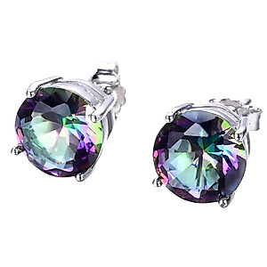 WEILYDF Plated Silver Opal Stud Earrings, 6mm Round Stud Earrings in White Gold or Rose Gold for Women (Rainbow Color-8mm)