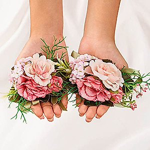 Campsis Wedding Bridal Wrist Flower Corsage Pink Handmade Leave Hand Flower Bride Bridesmaid Ribbon Wristlet for Prom Party Beach Photography 2PCS