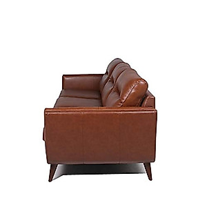 BOWERY HILL Mid Century Top Grain Leather Sofa, 3 Seater Modern Tufted Couch with Wood Legs for Living Room, Camel Brown