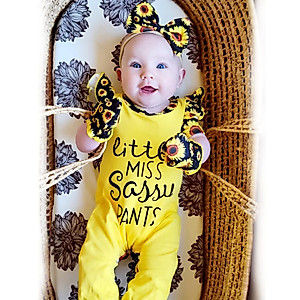 HINTINA Preemie Premature Baby Girl Sunflower Floral Romper Little Miss Sassy Pants Jumpsuit Outfits Spring Summer Clothes Set Yellow