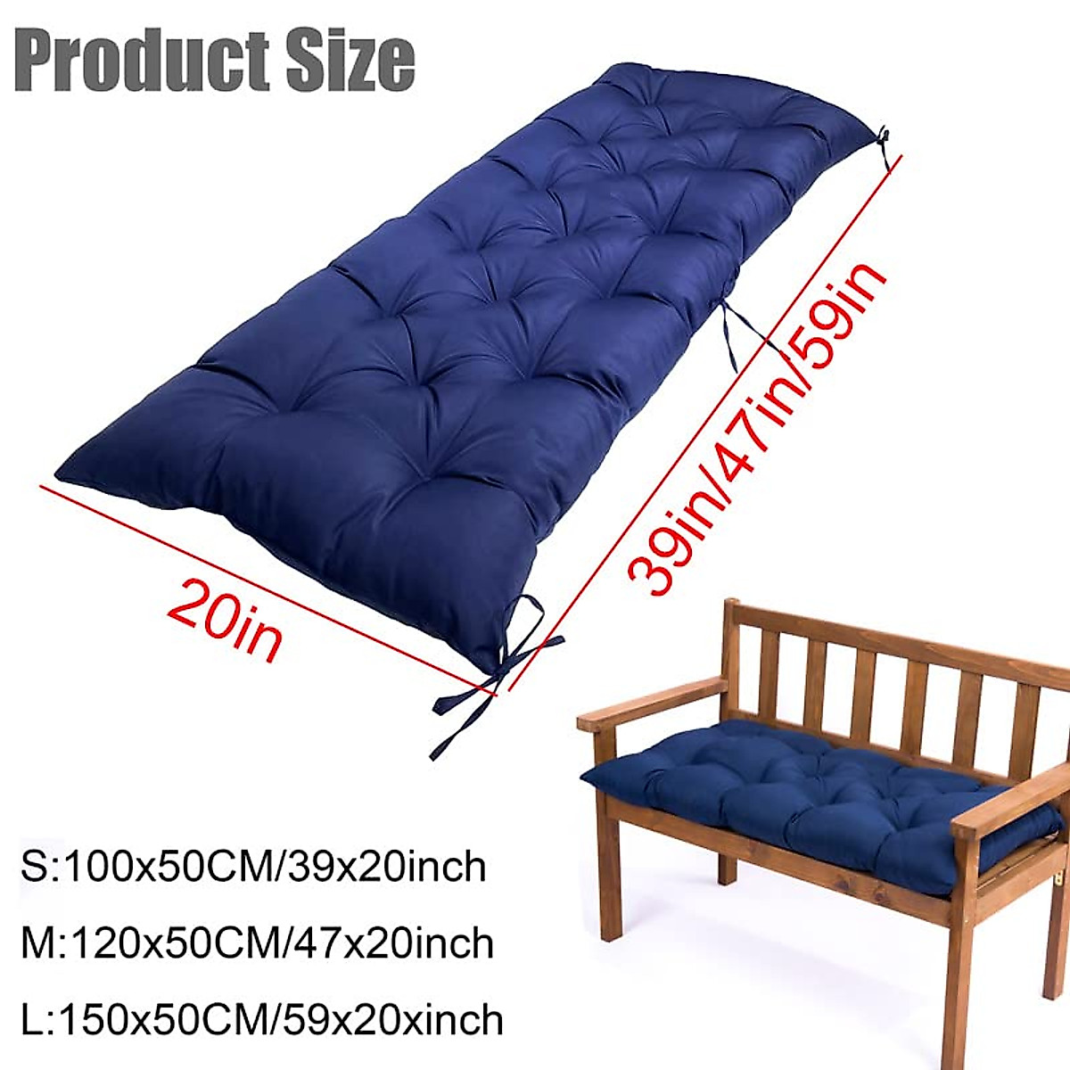 Outdoor Bench Cushion, Waterproof Swing Cushion, Garden Bench Seat Cushion, Swing Chair Replacement Seat Pads Cushion Pillow for Lounger Garden Furniture Patio Metal Wooden Bench (47 * 20in, B)