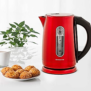 OVENTE Electric Tea Kettle Stainless Steel 1.7 Liter Instant Hot Water Boiler Heater Cordless with Temperature Control, Automatic Shut Off and Keep Warm Function for Coffee Milk Chocolate Red KS58R