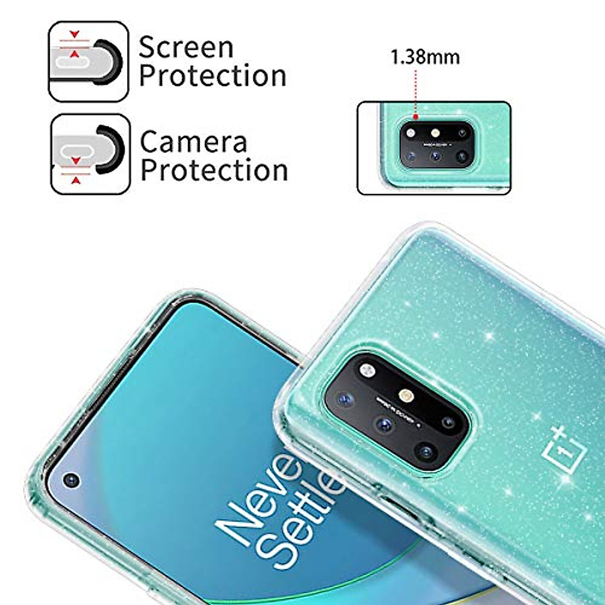 Lamcase for OnePlus 8T/OnePlus 8T+ 5G Case (2020), Crystal Clear Bling Sparkly Glitter Shiny Soft Flexible TPU Slim Fit Drop Protection Rugged Shockproof Cover Case for OnePlus 8T 2020, Clear Glitter