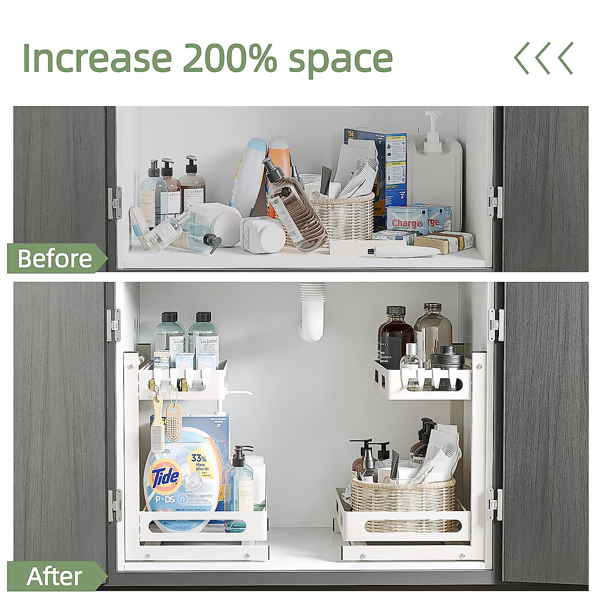 NETEL Under Sink Organizer,Pull Out Sliding Cabinet Basket Organizer 2 Tier Under Bathroom Storage Rack, Multi-Use for, Height Adjustable, With PP Frosted Pad, With strong double-sided adhesive, White