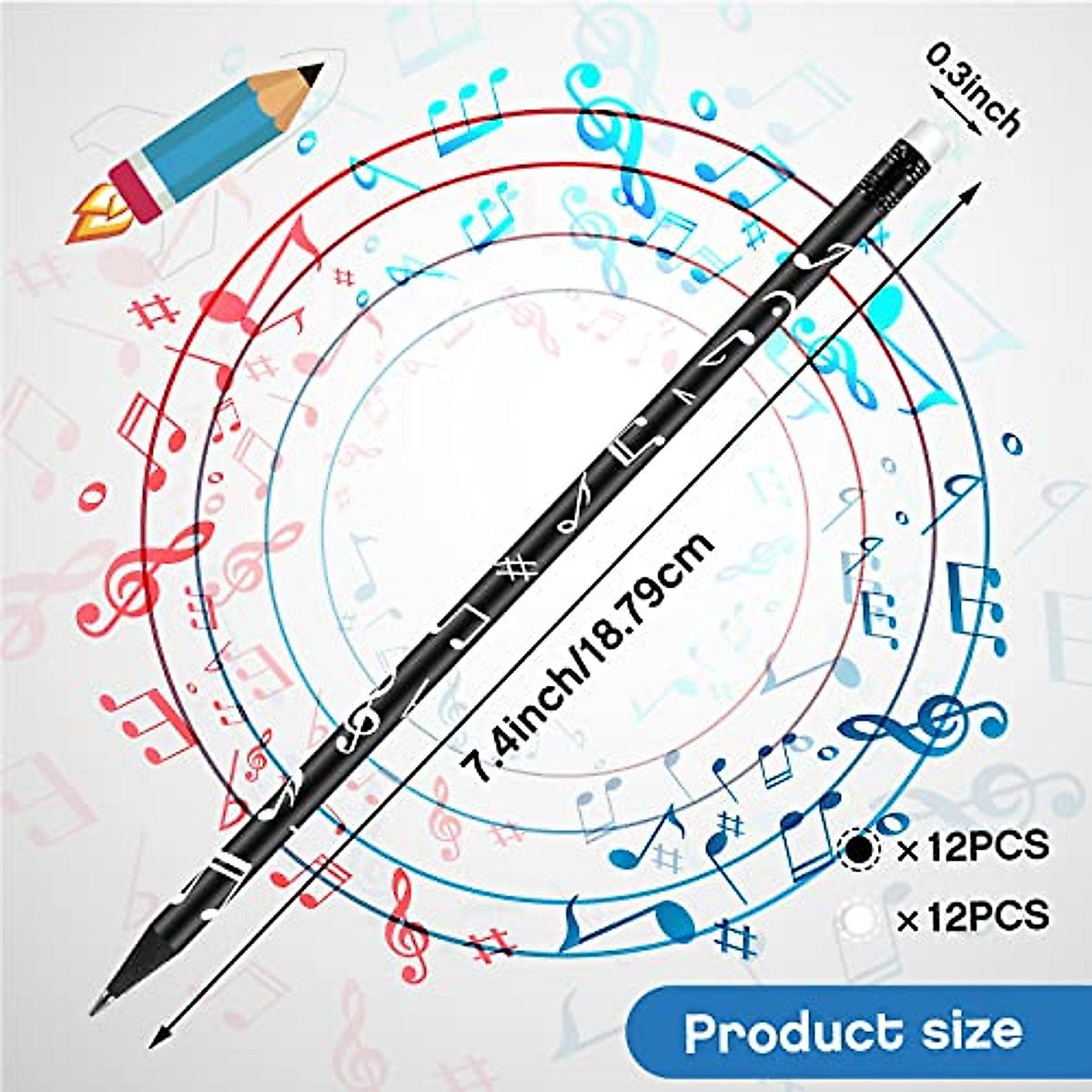 Music Note Pencils Music Pencils Music Themed Pencils Kids Musical Pencils Round White Black Pencils Woodcase Pencils with Eraser for School Office Supplies Drawing Writing, 7 Inches (24 Pieces)
