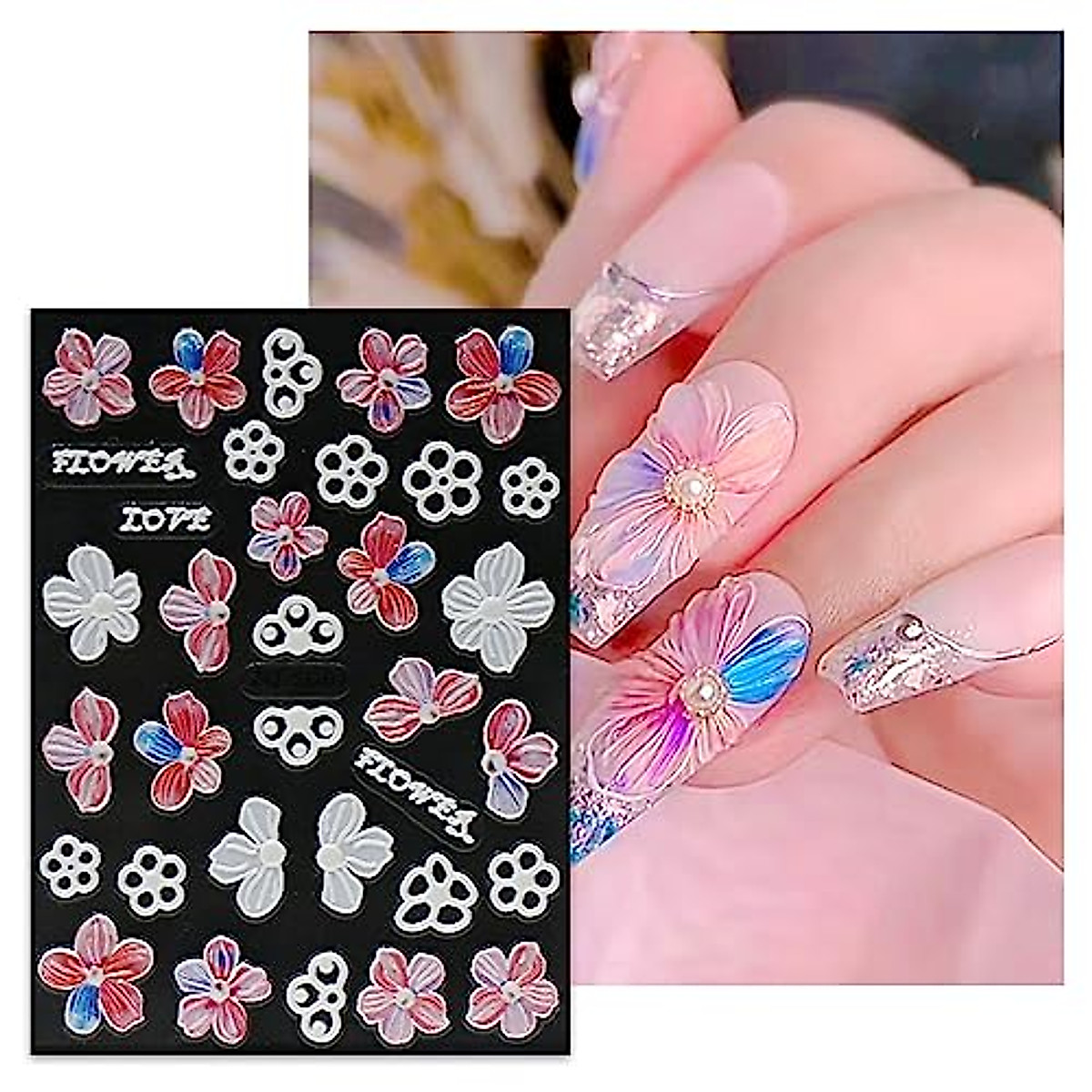 JMEOWIO 7 Sheets 3D Embossed Flower Nail Art Stickers Decals Self-Adhesive Pegatinas Uñas 5D Spring Summer Floral Nail Supplies Nail Art Design Decoration Accessories